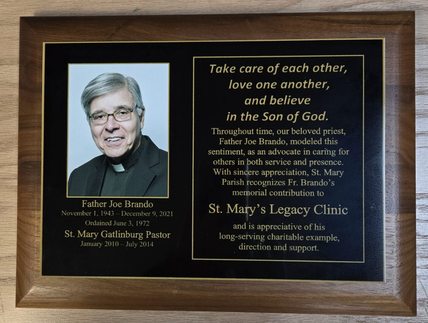 Plaque at St. Mary-Gatlinburg honors Father Brando’s bequest to Legacy ...